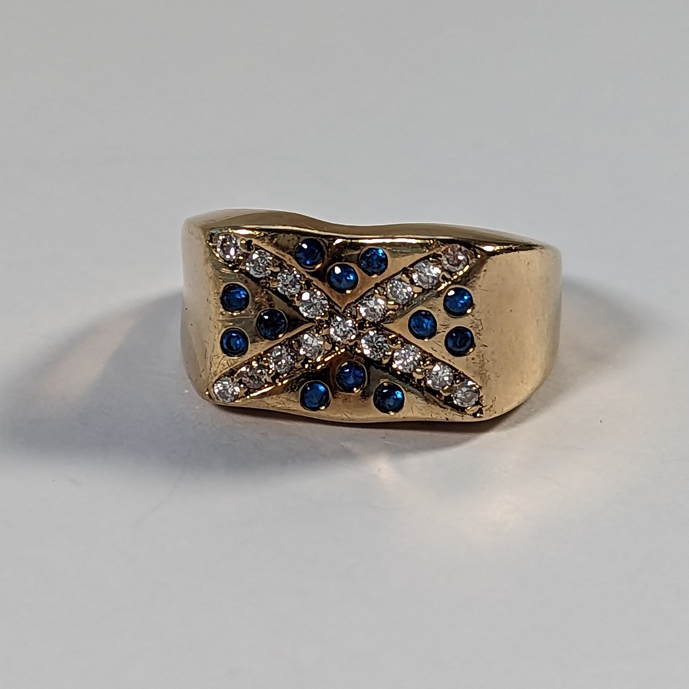 9ct Gold Blue & White *CZ* Scottish Flag Signet Ring Size S - Own4Less